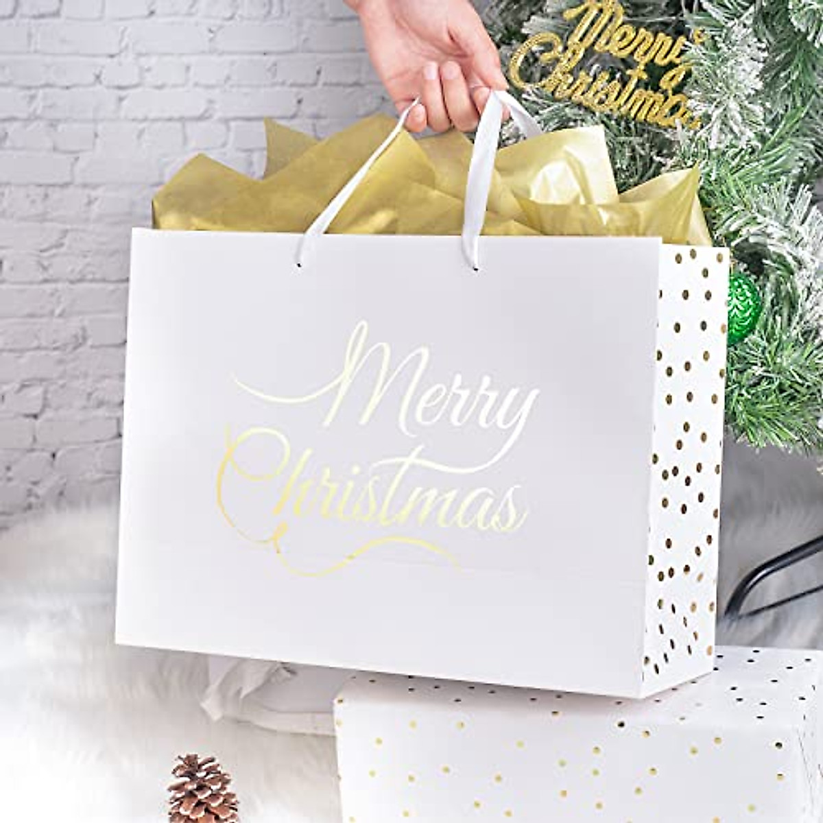 WRAPAHOLIC Christmas Gift Bags - 6 Pack Large Size White Gold Foil Merry Christmas Lettering Bags with 18 Sheets Wrapping Tissue Paper - 16" x 6" x 12"