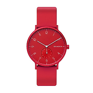 Skagen Men's Aaren Quartz Analog Stainless Steel and Silicone Watch, Color: Red (Model: SKW6512)