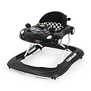 BABY JOY Baby Walker, Activity Walker with Adjustable Height & Lights, Music, Steering Wheel, Mirrors, Removable Tray to Food Tray, High Back Padded Seat, Compact Folding Design (Black)