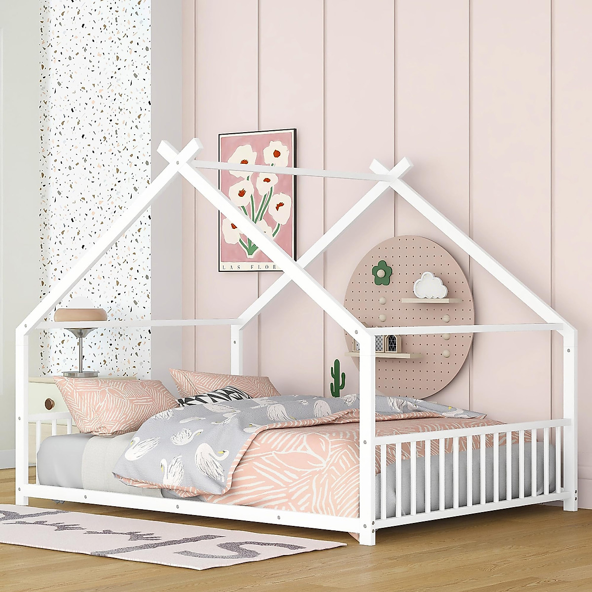 Metal Montessori Floor Bed, Full Size House Bed Frame with Headband and Slats, Full Floor Bed/Cute Montessori Bed for Kids, Girls, Boys(Full White)