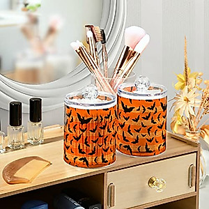 Vnurnrn Clear Plastic Jar Set for Cotton Ball, Cotton Swab, Cotton Round Pads, Floss, Halloween with Flying Bats Bathroom Canisters Storage Organizer, Vanity Makeup Organizer,2Pack