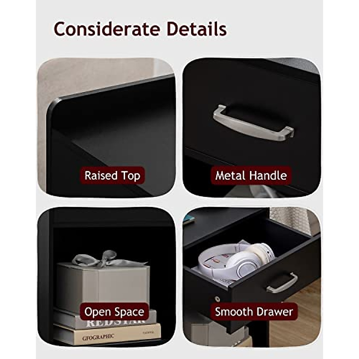 WEENFON Nightstands, Black Nightstand with Charging Station,Bedside Tables, End Table with Drawer, Open Space,Metal Handles, Large Storage,WFET16HN