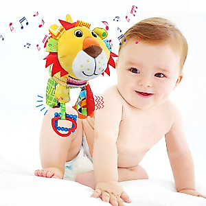 JERICETOY Baby Toy Plush Infant Toy with Musical Box Baby Carseat Toy Stroller Hanging Toy Development Toy with Rattles Crinkle Teether Magic Mirror, Stroller Clip-On Carseat Cot Crib Bed - Lion