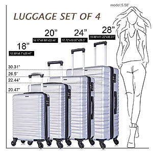 Apelila 4 Piece Luggage Sets, Expandable Hardshell ABS Luggage Sets with TSA Lock Spinner Wheels Travel Suitcases Set (4 PCS, Silver)
