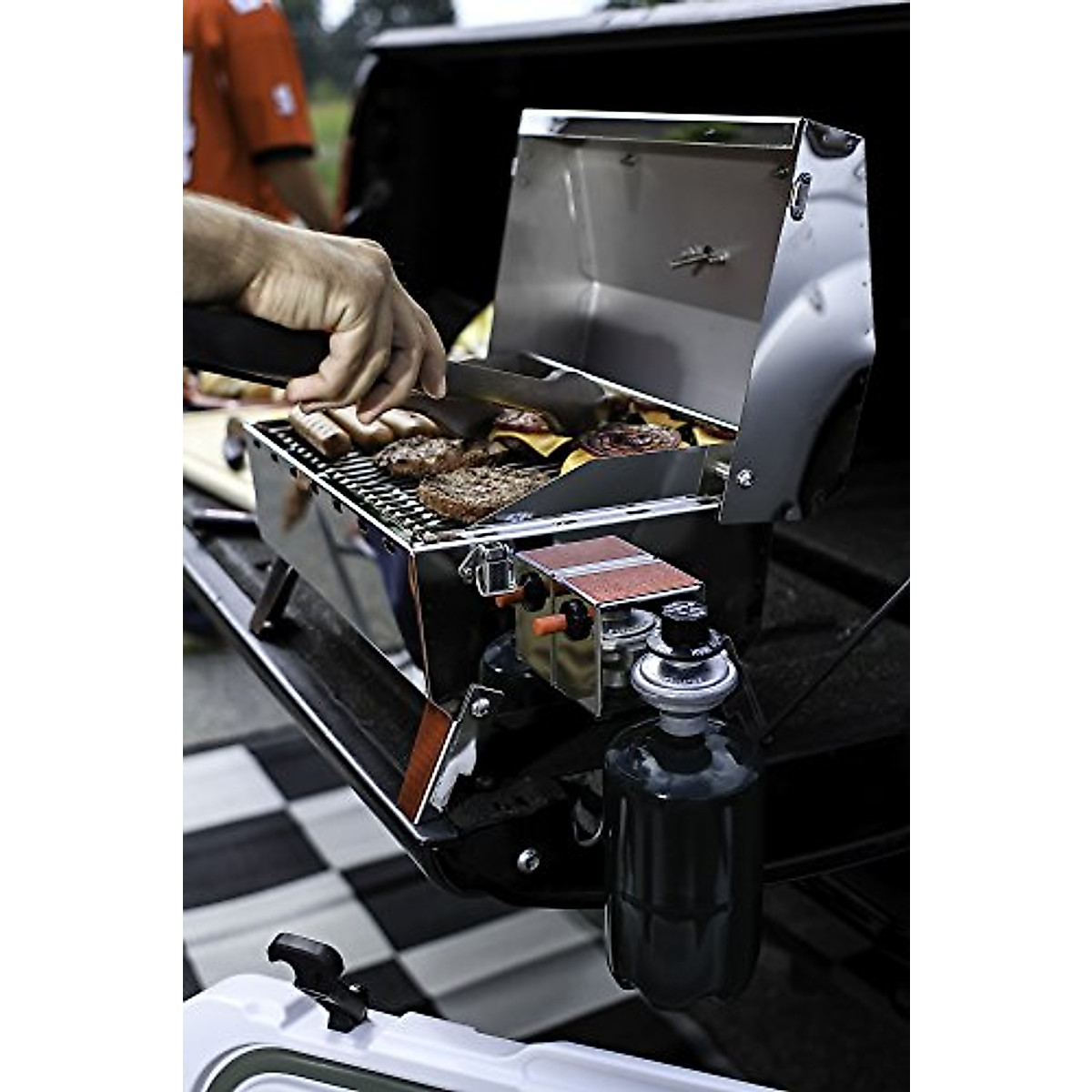 Camco Grill-Stow N Go 125 Portable Propane Gas Grill with Push Button Igniter, Temperature Gauge, and Storage Bag for RV, Tailgating, and Camping