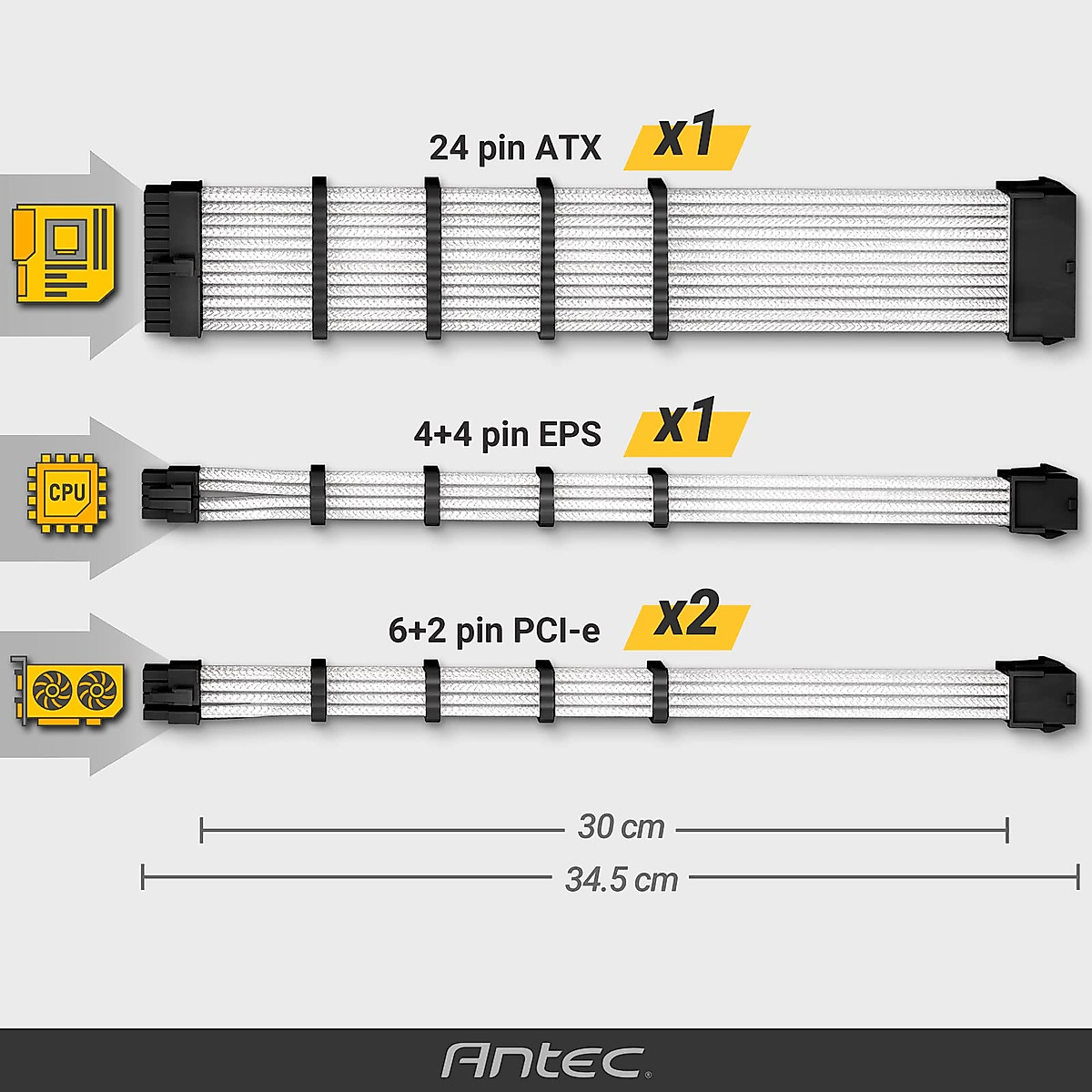 Antec Power Supply Sleeved Cable /24pin ATX /4+4pin EPS /6+2pin PCI-E PSU Extension Cable Kit 30cm Length with Combs, White(11.8inch/30cm)