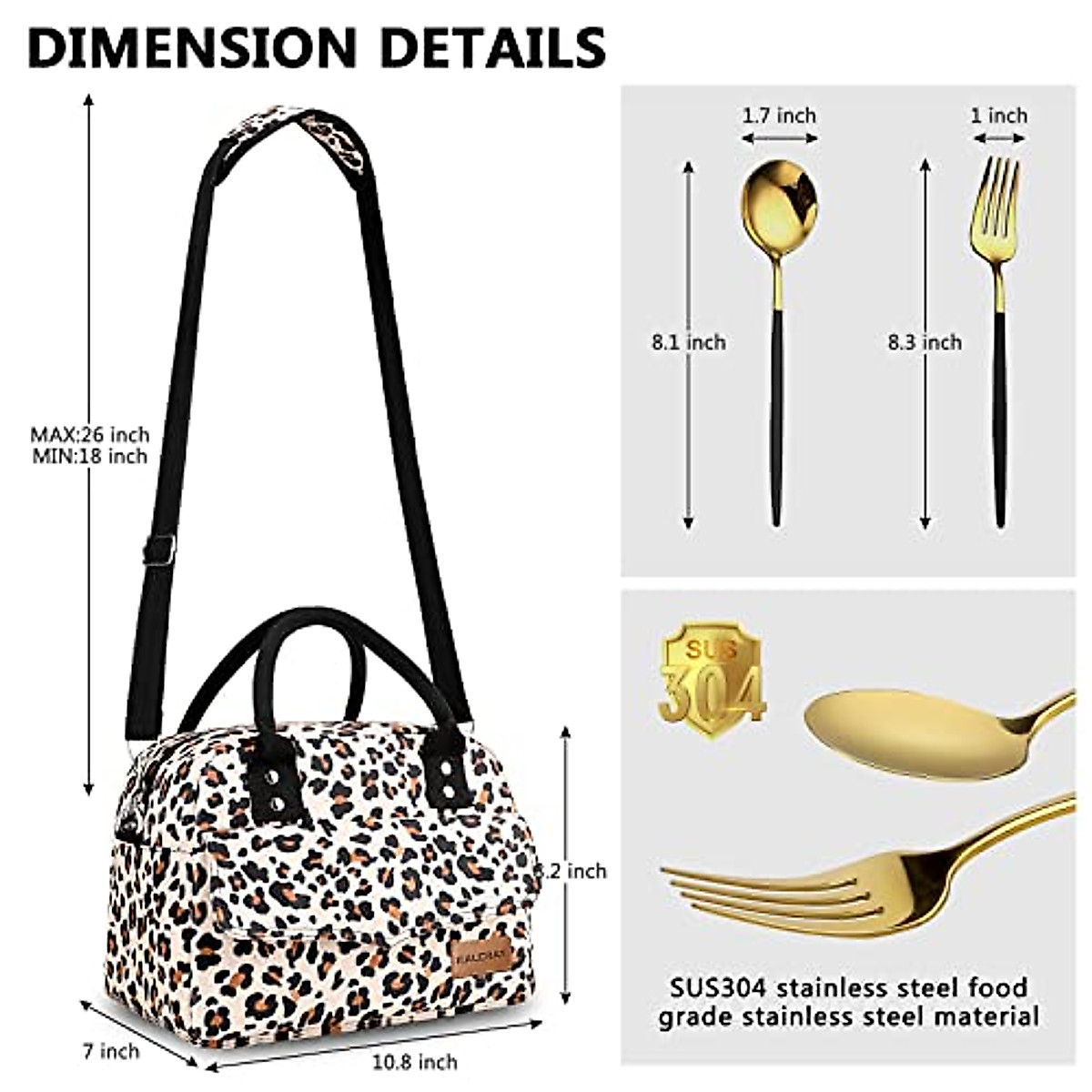 BALORAY Lunch Bag for Women Men, Insulated Lunch Box for Adults Kids, Reusable Women’s Lunch Cooler Tote Bag for Work Office School Picnic Beach (Leopard)