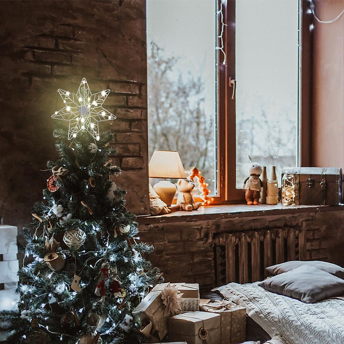 YEAHOME Christmas Tree Topper, Lighted Hollow 7-Point Star Tree Topper, Wire Star for Christmas Treetop with 20 LED Lights Xmas Tree Topper for Christmas Tree Ornament Decoration, Silver Glittered