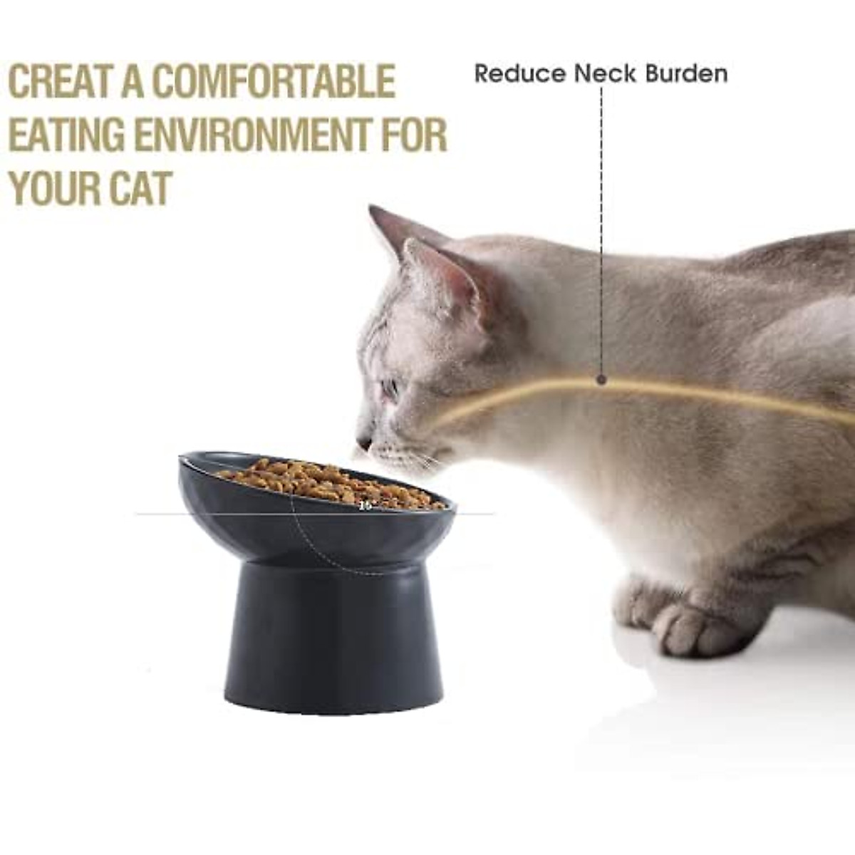 KITCHENLESTAR Small Ceramic Raised Cat Bowls, Tilted Elevated Food or Water Bowls, Stress Free, Backflow Prevention, Dishwasher and Microwave Safe, Lead & Cadmium Free(Black)