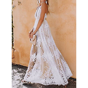 Dokotoo Womens Sexy V Neck Sleeveless Spaghetti Straps Elegant Embroidered High Slit Sheer Mesh Dresses Backless Maxi Long Formal Evening Party Prom Dress Bridesmaid Wedding Guest Dresses White M