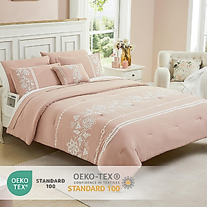 MAIREVE Blush Pink Comforter Set Queen 7 Piece with Deco Pillow, Farmhouse Floral Embroidery Comforter Set Queen Size, All Season Bed in A Bag Queen Size, Bedding Set 7 Pieces 90"x90"(Pink, Queen)