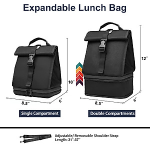 SUNNY BIRD Small Insulated Rolltop Lunch Box Women, Expandable Bento Cooler Bag Reusable for Adult Men (Black, Medium)