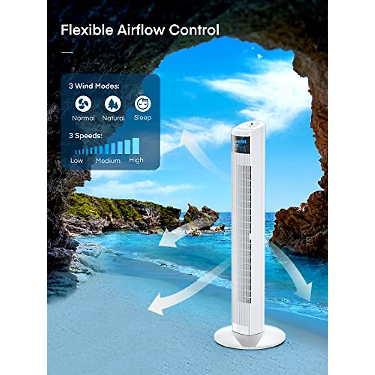 Tower Fan, 36 Inch Oscillating Fans with Remote, Sleep Mode and 12H Timer, Large LED Display, 6 Modes, Portable Stand up Floor Bladeless Fan for Bedroom Living Rooms and Office, White