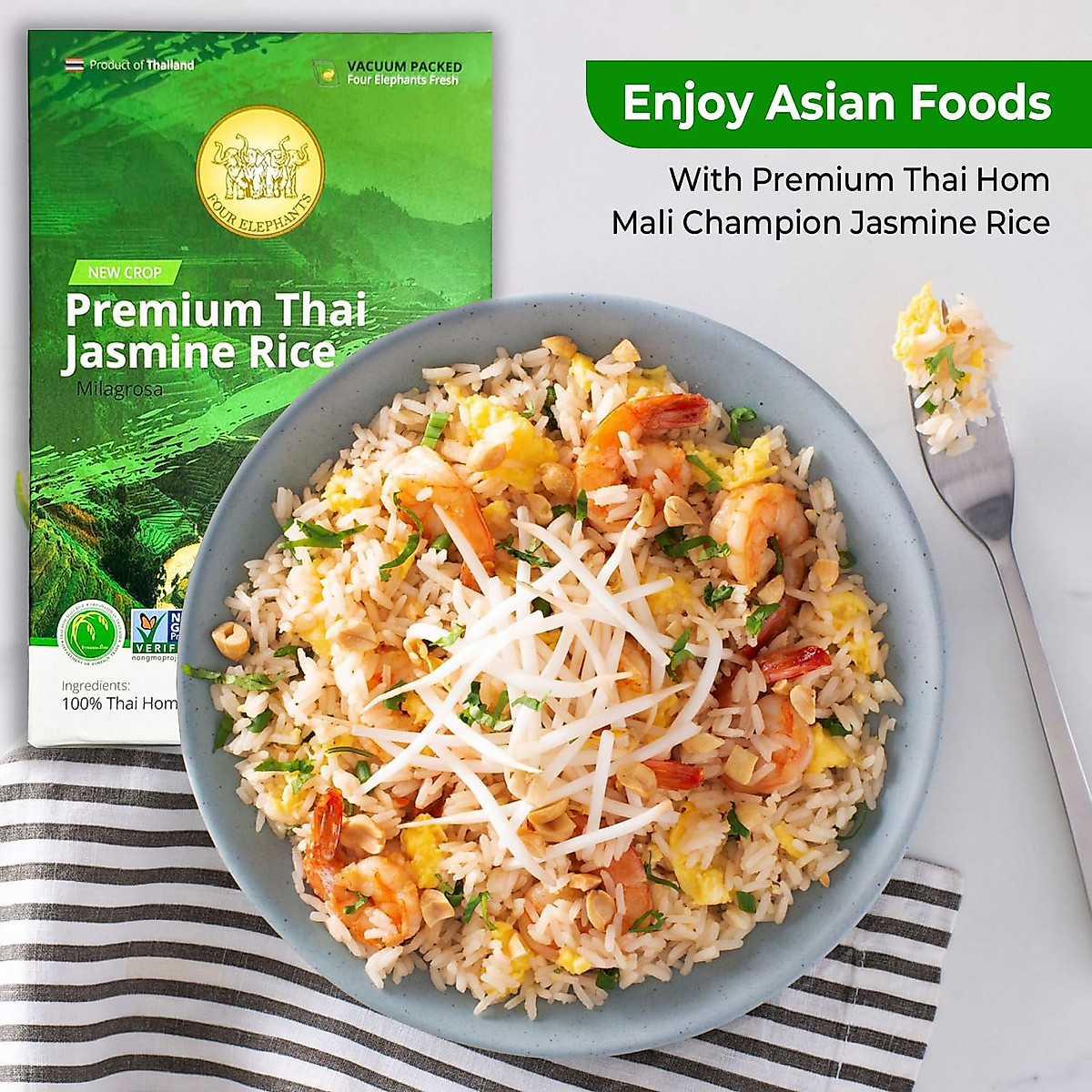 2 Pounds (LBS) Premium Thai Hom Mali Jasmine Rice | Endorsed By Pro Chefs | Four Elephants Brand | DIY Friendly Cooking Instructions Packaging