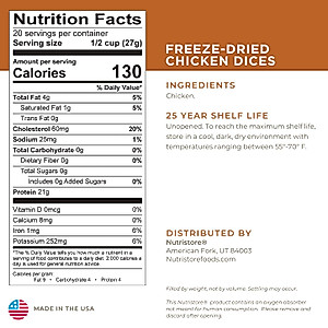 Nutristore Freeze Dried Chicken, Emergency Survival Bulk Food Storage, Premium Quality Meat, Perfect for Lightweight Backpacking or Home Meals, USDA Inspected