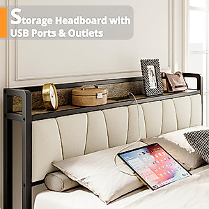 LIKIMIO Queen Bed Frame, Storage Headboard with Charging Station, Solid and Stable, Noise Free, No Box Spring Needed, Easy Assembly (Walnut and Beige)