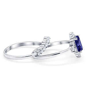 Simulated Blue Sapphire Cubic Zirconia Size-10 Emerald Cut Vintage Art Deco Two Piece Bridal Set Wedding Engagement Ring Band Round Simulated Cubic Zirconia 925 Sterling Silver