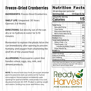 Ready Harvest Cranberries Dried Fruit Freeze-dried Fruit, Unsweetened, Freeze-dried Food Pantry Staples Survival Food, Bug Out Bag Backpack, Camping Essentials, #10 Can | 25-year shelf life 170g