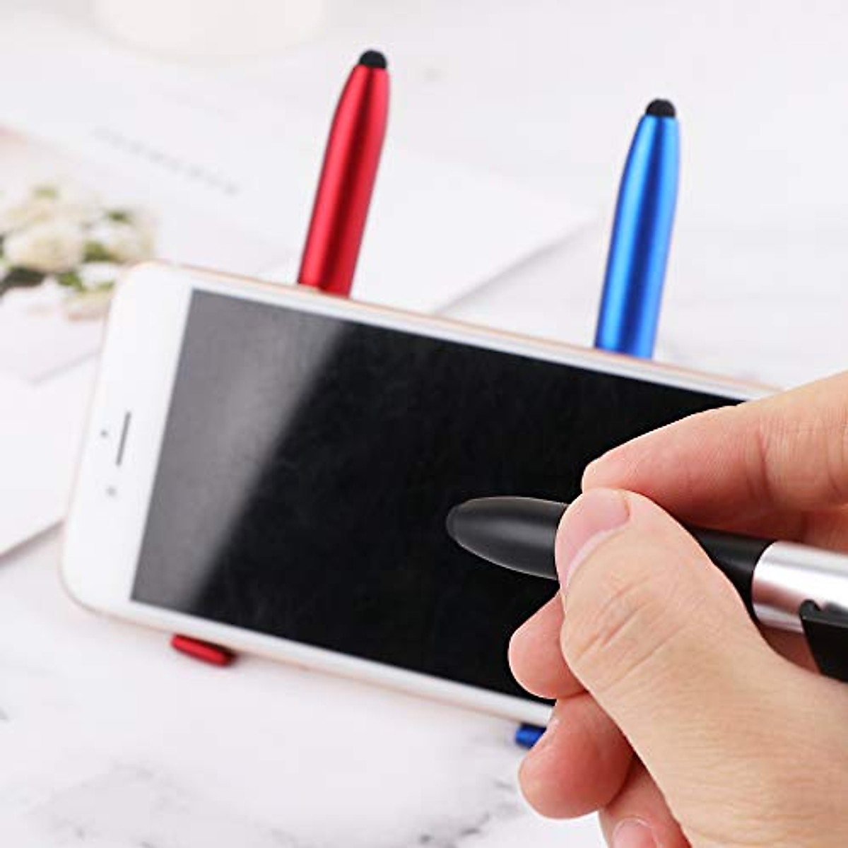 ForHe Multifunction 4-in-1 Touch Screen Pen,Stylus Pen+Ballpoint Pen+LED Flashlight+ Foldable Phone Stand Holder, 3 Colors