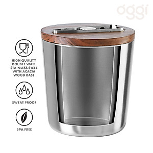 OGGI Modernist Satin Stainless Steel Ice Bucket- 2.3 Lt (2.5 Qt), Includes Acacia Wood Lid & Ice Tongs; Ideal as Bar Accessories, Champagne Bucket, Drink Chiller, Ice Bucket for Cocktail Bar