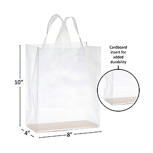 Frosted Plastic Gift Bags 100 Pack 8" x 10" x 4" Clear Frosted Bags with Soft Loop Handles for Gifts Retail and More