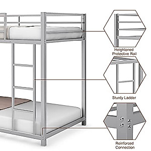 DORTALA Bunk Bed Twin Over Twin, Twin Bunk Beds w/Guardrail & Ladder, Metal Bunk Bed for Dormitory & Multiple-Child Family, Twin Bunk Beds for Toddler, Kids, Silver