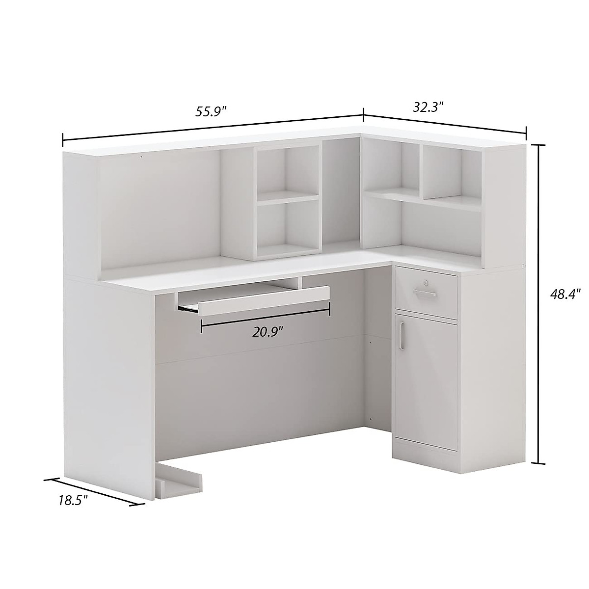 Homsee Reception Desk L-Shaped Office Desk with Counter, 1 Door Storage Cabinet, 1 Lockable Drawer, Hutch Shelf & Keyboard Tray, White