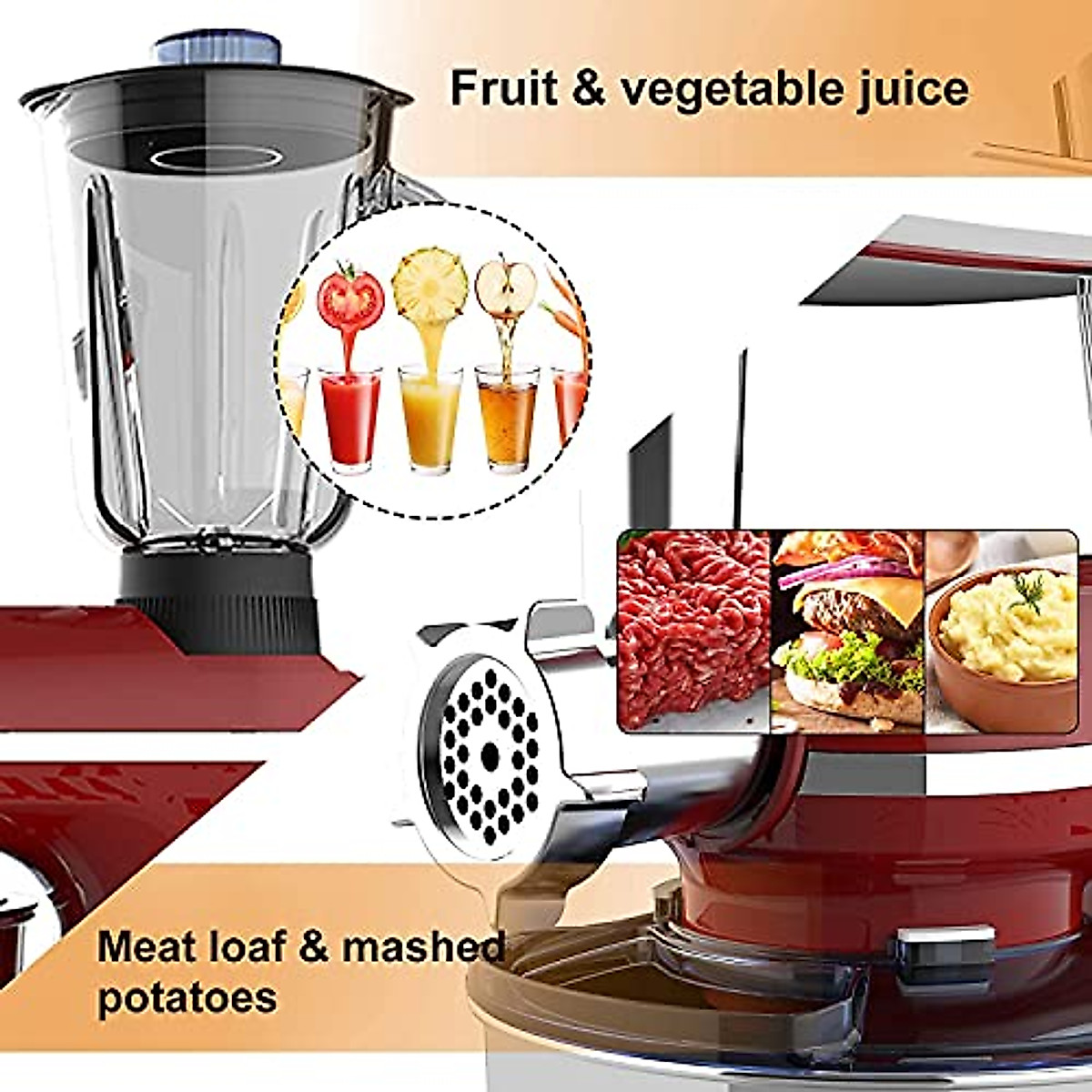 Nurxiovo 3 in 1 Stand Mixer, 850W Tilt-Head 6.5QT Kitchen Food Mixer, 6 Speed with Pulse Electric Mixer, Multifunction Standing Mixers, Meat Blender and Juice Extracter Red