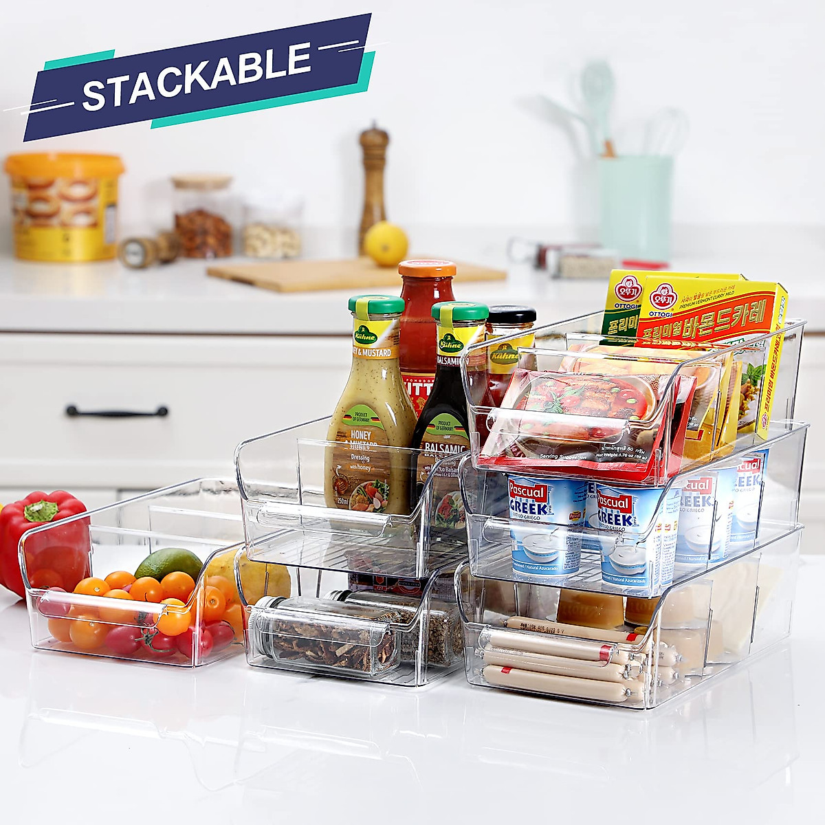 LANDNEOO 2 Tier Clear Organizer with Dividers + Set of 8, Stackable Clear Bins with Removable Dividers - Pantry Food Snack Organization and Storage - Multi-Purpose Plastic Home Organizer