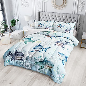 XYNHML Boys Blue Ocean Shark Comforter Set Twin Size Shark Starfish Bedding Sets Seaweed Quilt Bed Set for Kid Girls with 1 Comforter and 2 Pillowcases