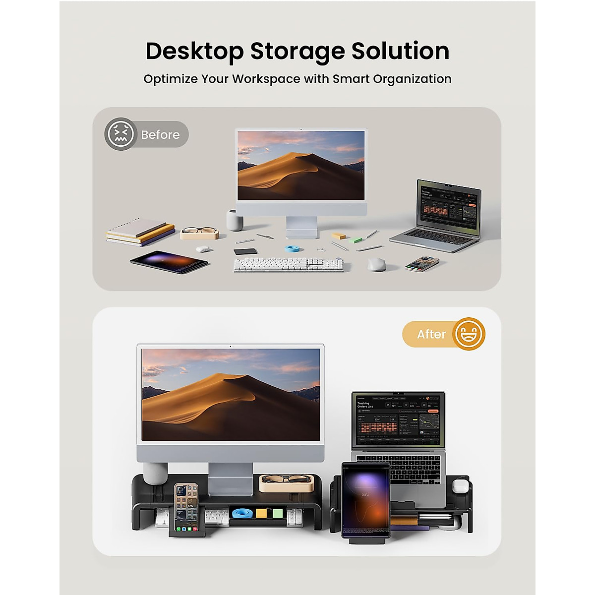 ProtoArc Standing Desk with Dual Monitor Stand Riser, 48 x 24 Inches Height Adjustable Desk with Storage, Electric Stand up Desk with Laptop Stand (Black/White)