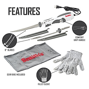 Smith's Lawaia Electric Fillet Knife 51233-2 Removable 8” Serrated Stainless Steel Blades w/Sheath - Fillet Glove & Mesh Storage Bag - Fishing, Outdoor, Hunting Electric Knife - 6 ft Power Cord, White