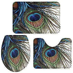 Fashion 3 Piece Bath Rugs Set Elegant Peacock Feather Abstract Printed Non Slip Ultra Soft Bathroom Mats, U Shape Mat and Toilet Lid Cover Mat Bath Mats