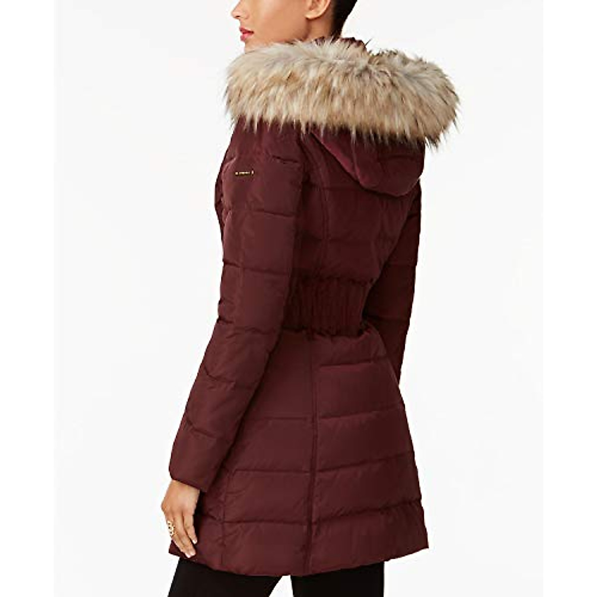 LAUNDRY BY SHELLI SEGAL Women's 3/4 Length Windproof Down Coat with Cinched Waist, Sangria, Large