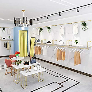 Ethemiable Simple Metal Wood Clothing Store Display Stands, Entrance Porch Organization Hanging Garment Rack,Wall Mounted Storage Clothes Shoe Bag Pipe Shelf, Home Bookcase Towel Rack (Gold, 59" L)