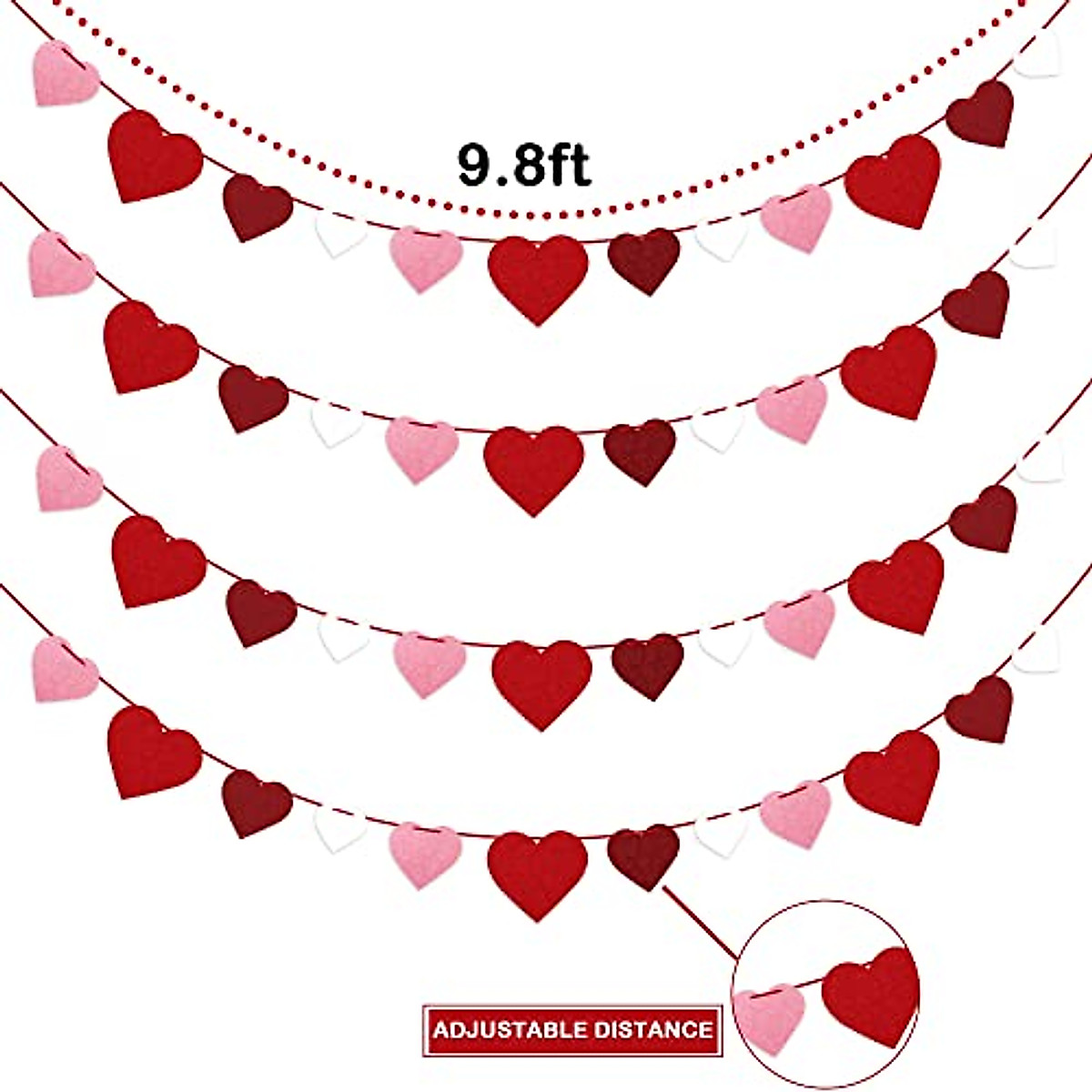 4Pcs Valentines Day Felt Heart Garland Banner- NO DIY- Valentines Decorations- Valentine's Day Party Decorations Supplies- Valentines Burgundy Pink Red White Heart Garlands for Home Fireplace Mantle
