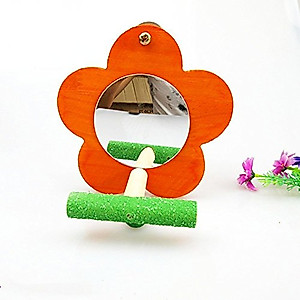 Bird Parrot Mirror Toy with Perch Cage Standing Accessories Parrot Parakeet Budgies Cockatiel Conure Finch Lovebird African Grey Macaw Amazon Cockatoo Birdcage Wood Perch(Color Random) (Flower Shape)