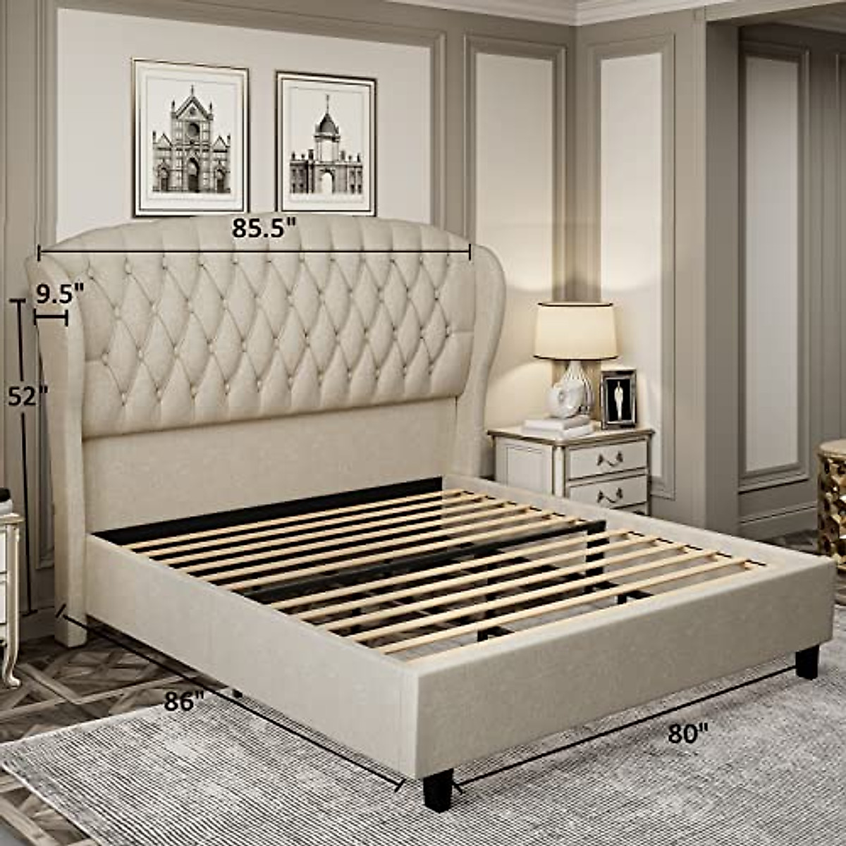 PaPaJet King Size Platform Bed Frame, Linen Curved Upholstered Bed with Shell Wingback Headboard/Deep Button Tufted/No Box Spring Needed/Beige