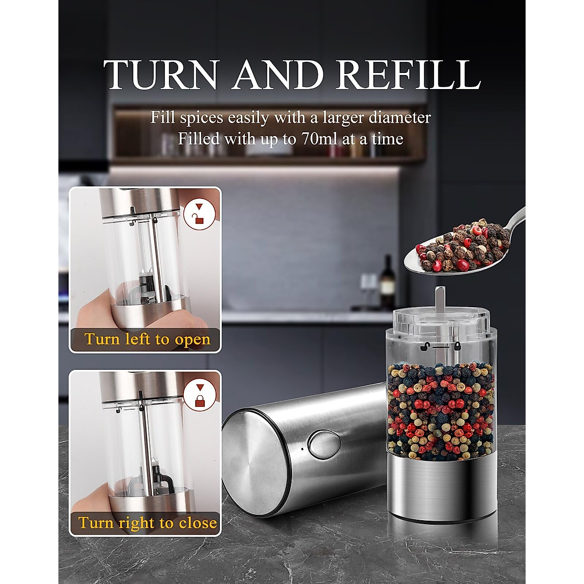 [Upgraded Larger Capacity]Electric Salt and Pepper Grinder Set Tomentific, Automatic Pepper Mills with Easy-to-Carry Dual Charging Station and Adjustable Coarseness, LED Light, Stainless Steel
