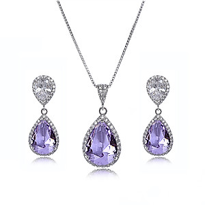 AMYJANE Wedding Jewelry Set for Bride - Sterling Silver Teardrop Amethyst Purple Cubic Zirconia Crystal Rhinestone Necklace Earrings Set Bridal Jewelry Set for Bridesmaids February Birthstone Jewelry