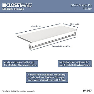 ClosetMaid Modular Shelf & Hang, Wood Organizer Adjustable Closet, Add On Storage Accessory, White, Shelf and Hang Rod Kit