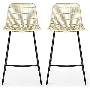 ECLYL Natural Rattan Counter Stool 25" Counter Height Bar Stools Rattan Bar Stools Indoor Stools Rattan Counter Stools Set of 2 Black Finish Steel Legs Woven Bar Stool 17.5" Wx20 Dx34 H (Natural)