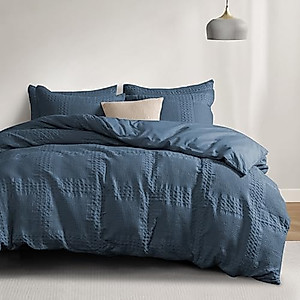 PHF 100% Cotton Waffle Duvet Cover Full Size, 3 Pieces Soft Breathable Duvet Cover Set for All Season, Pre-Washed Decorative Textured Comforter Cover with 2 Pillow Shams, 80"x90", Navy Blue