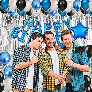 Blue Black Birthday Party Decorations Kit for Men 64 Pieces, Happy Birthday Banner, Fringe Curtains, Foil Balloons for 13th 16th 20th 21st 30th 35th 50th 60th Girls Men Party Supplies