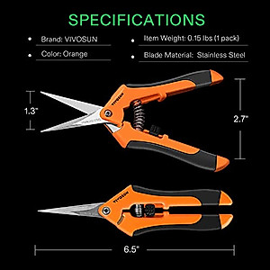 VIVOSUN 6.5 Inch Gardening Scissors Hand Pruner Pruning Shear with Straight Stainless Steel Blades Orange 6-Pack