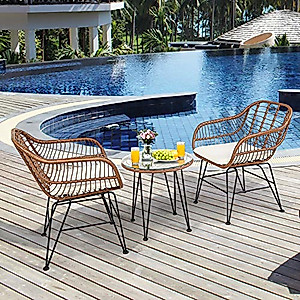 Tangkula 3 Pieces Patio Conversation Bistro Set, Outdoor Wicker Furniture w/Round Tempered Glass Top Table & 2 Rattan Armchairs, Bistro Chat Set w/Seat Cushions for Porch, Backyard, Garden (White)
