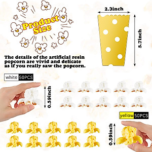 100 Pieces Miniature Resin Popcorn Decor Artificial Lifelike Popcorn Fake Popcorn Decorations with Mini Popcorn Boxes Cardboard Popcorn Container for Party DIY Photo Props, Small Popcorn Models Decor