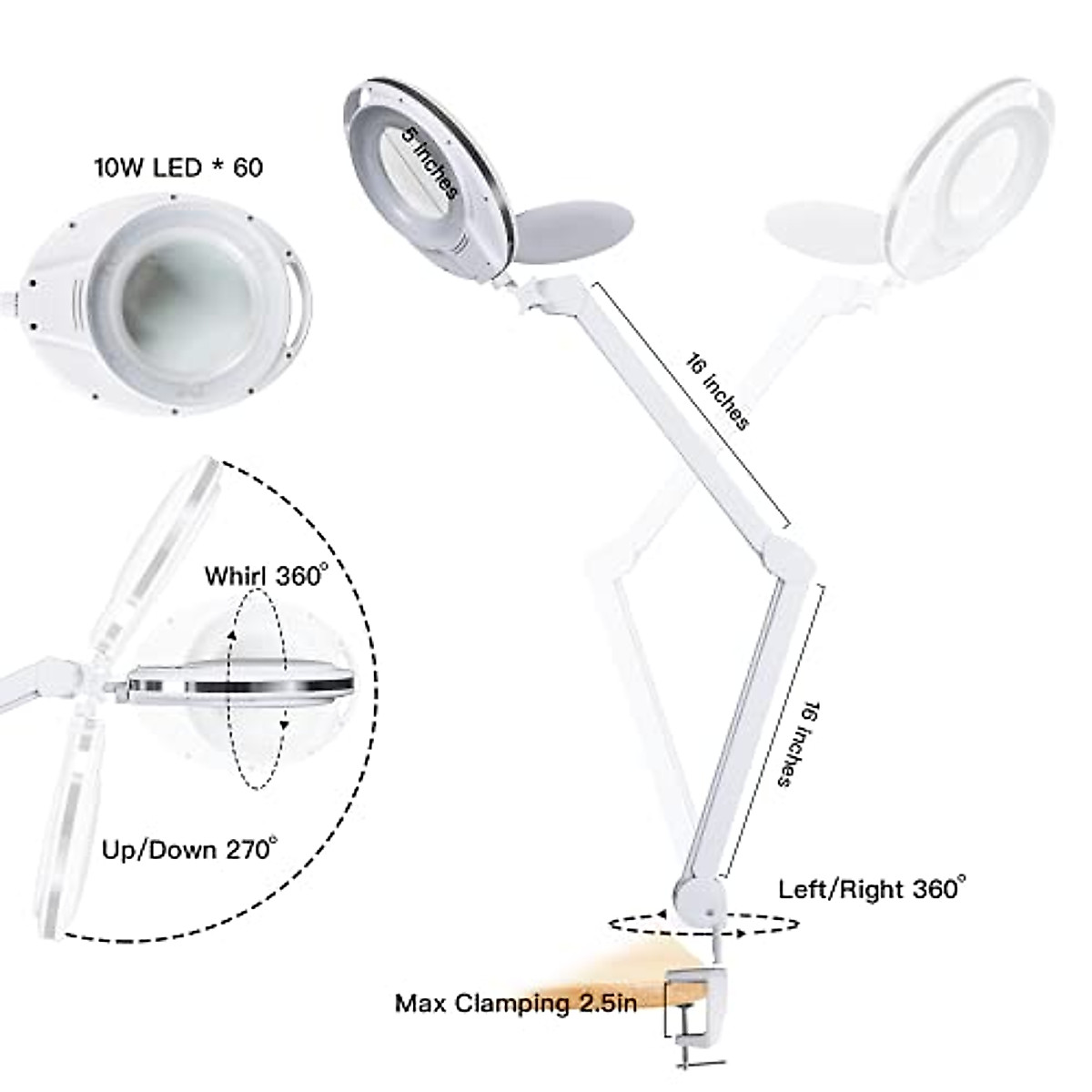 Cosywarm Magnifying Lamp, Magnifying Glass with Light and Clamp Hands Free, Adjustable Swivel Arm, LED Magnifier Work Lamp for Reading, Crafts, Sewing, Coin Collection, Hobbies, Workbench.