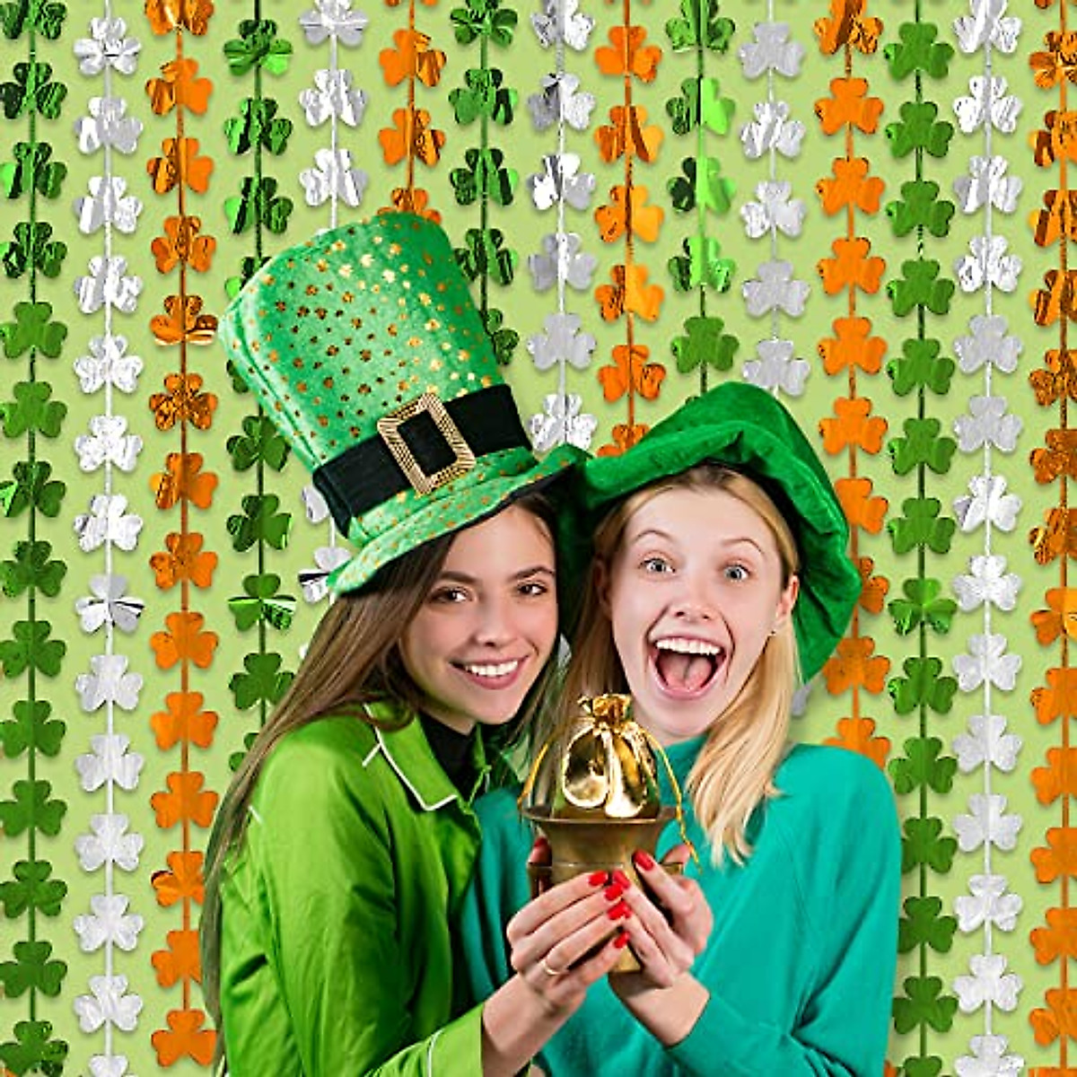 LOLStar 2 Pack St Patricks Day Foil Fringe Curtains St. Patrick's Day Party Decorations 3.3x6.6 ft Shamrock Green White Orange Tinsel Curtain Photo Booth Prop Streamers Backdrop for Irish Party Decor