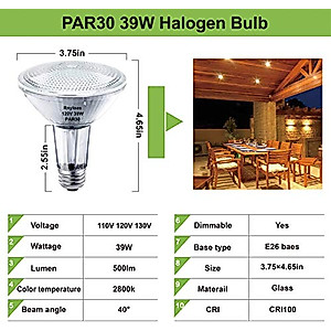 PAR30 Long Neck, 6PCS PAR30L Flood Light Bulbs，Dimmable, PAR30 Bulb 120V 50W Replacement, Long Lasting Lifetime, High brightness & Warm White, E26 Medium Screw Base, 39PAR30/FL for Recessed Light Bulb